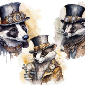 Steampunk Badger, Watercolor Clipart, Steampunk Badger PNG, Badger ...