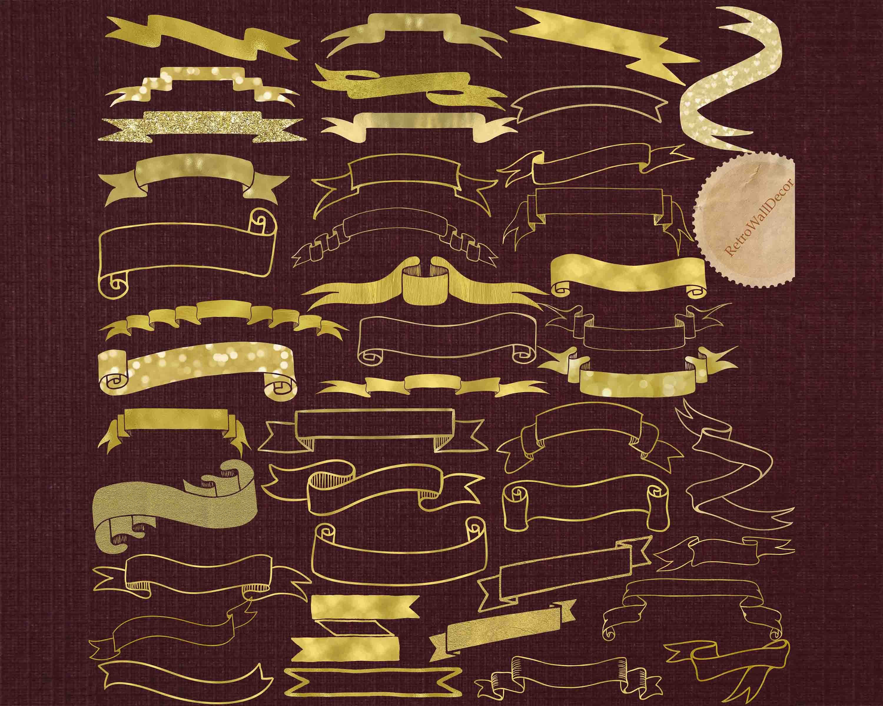 Golden Banner Clip Art Digital Banners Ribbon Clipart | Etsy