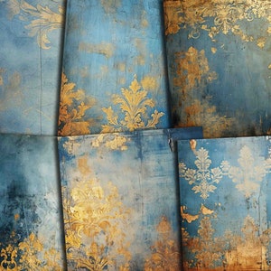 Damask Digital Paper, Damask Background, Gold Blue Damask, Scrapbook ...