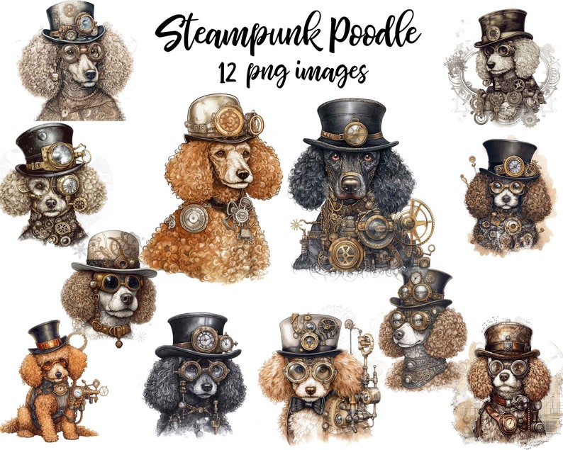 Steampunk Poodle Watercolor Clipart: Junk Journal Dog PNG (digital ...