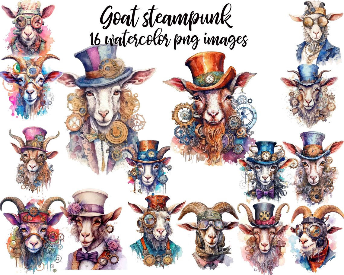 Steampunk Goat Clipart: Watercolor PNG Images (digital Download) - Etsy