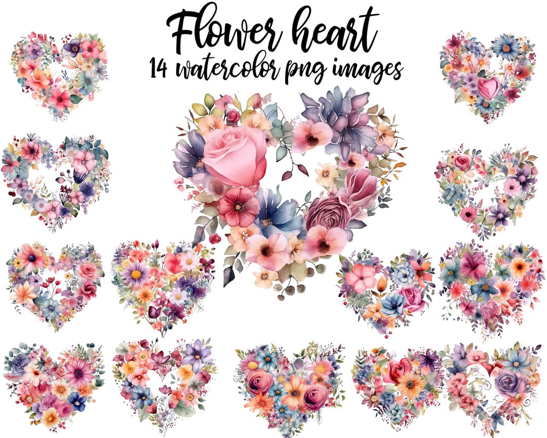 Watercolor Flower Heart Clipart: Floral PNG Images (digital Download ...