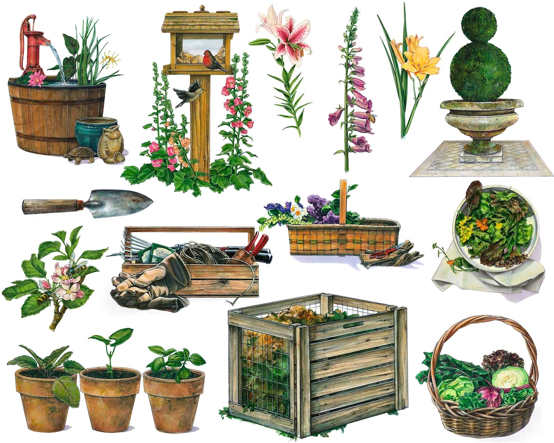 Flower Clipart, Garden Clip Art, Vintage Garden, Floral Clipart, Garden ...