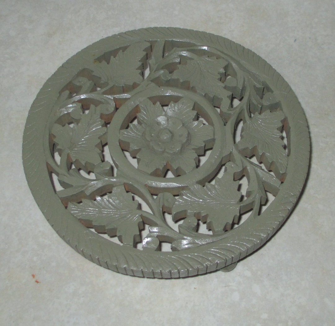 Painted Wooden Trivet, Carved Wood, Vintage Carved Wood Trivet Flower ...