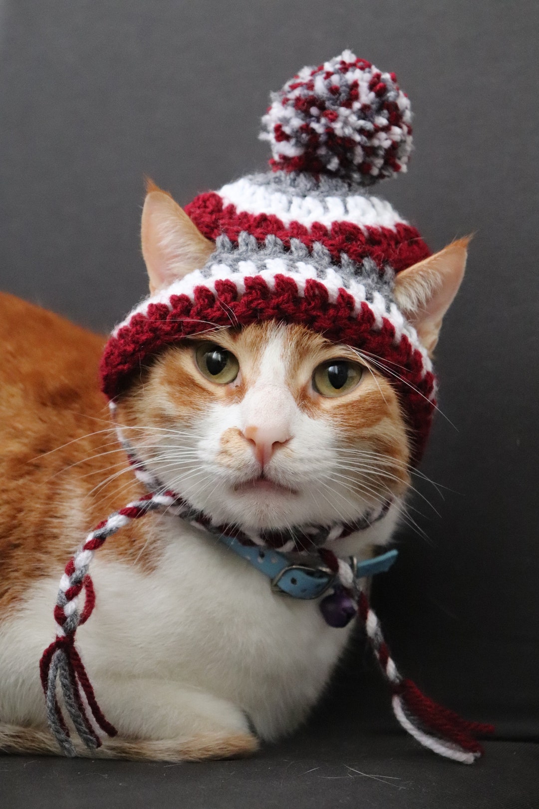 Beanie Hat for Cats, Burgundy - Gray - White Striped Pom Pom Hat for ...