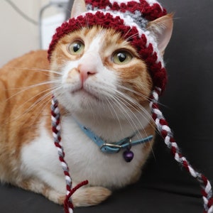 Beanie Hat for Cats, Burgundy - Gray - White Striped Pom Pom Hat for ...