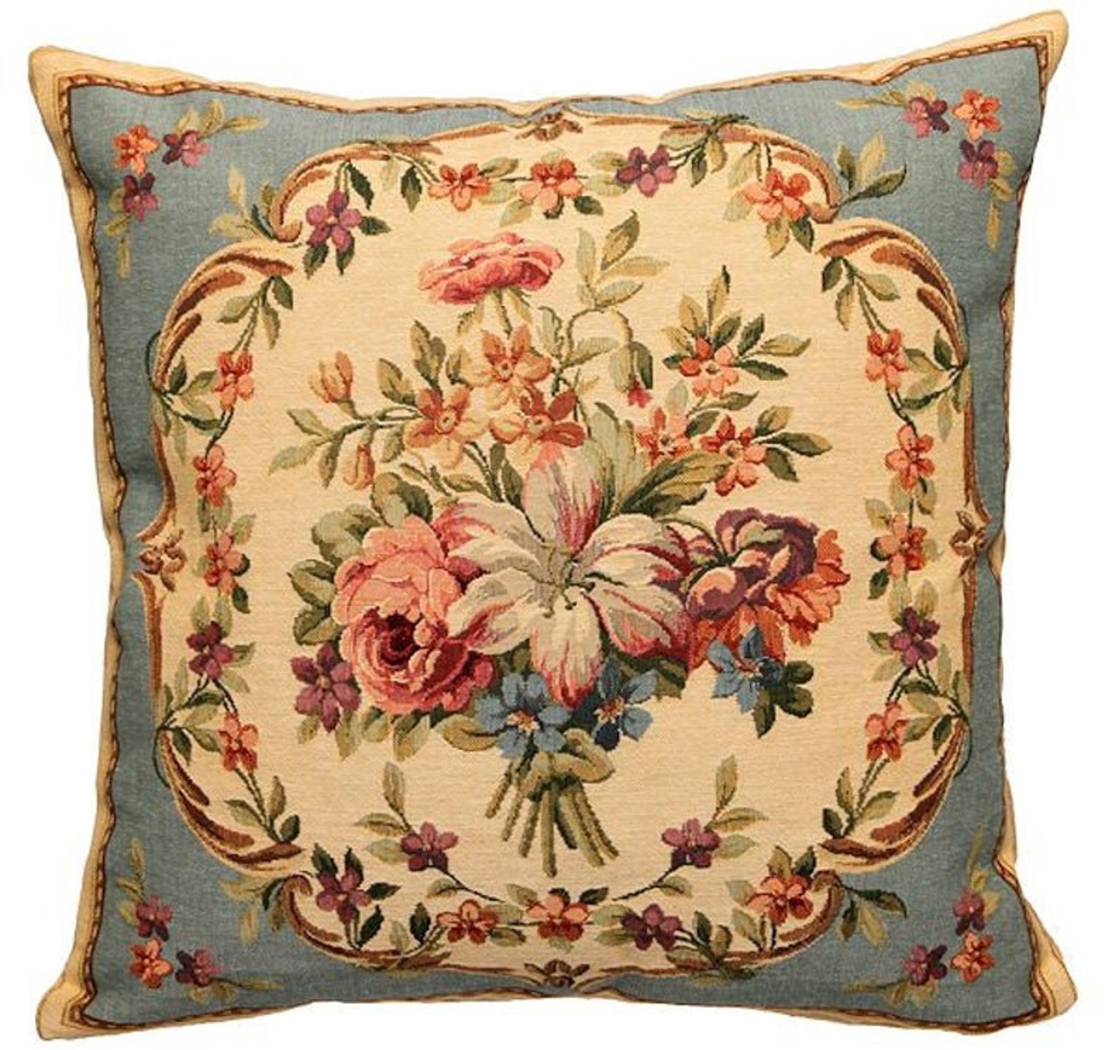 Belgian Tapestry Pillow Cover: Floral Bouquet, Red Velvet Back (18x18 ...