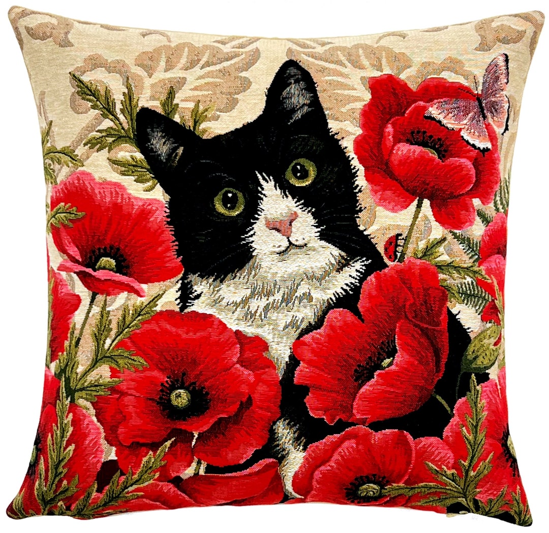 Cat Pillow Cover - Kitten Cushion Cover - Cat Gift - Cat and Poppies ...