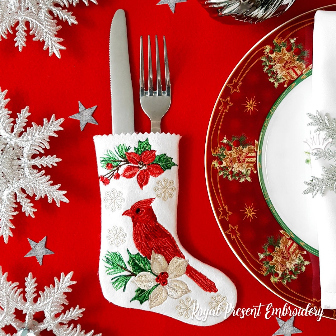 ITH Christmas Stocking With Cardinal for Cutlery Embroidery Design - 2 ...