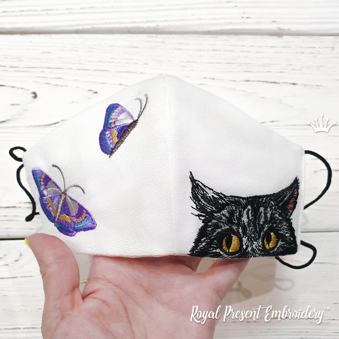 Cat and Butterflies Face Mask Machine Embroidery Design - Etsy