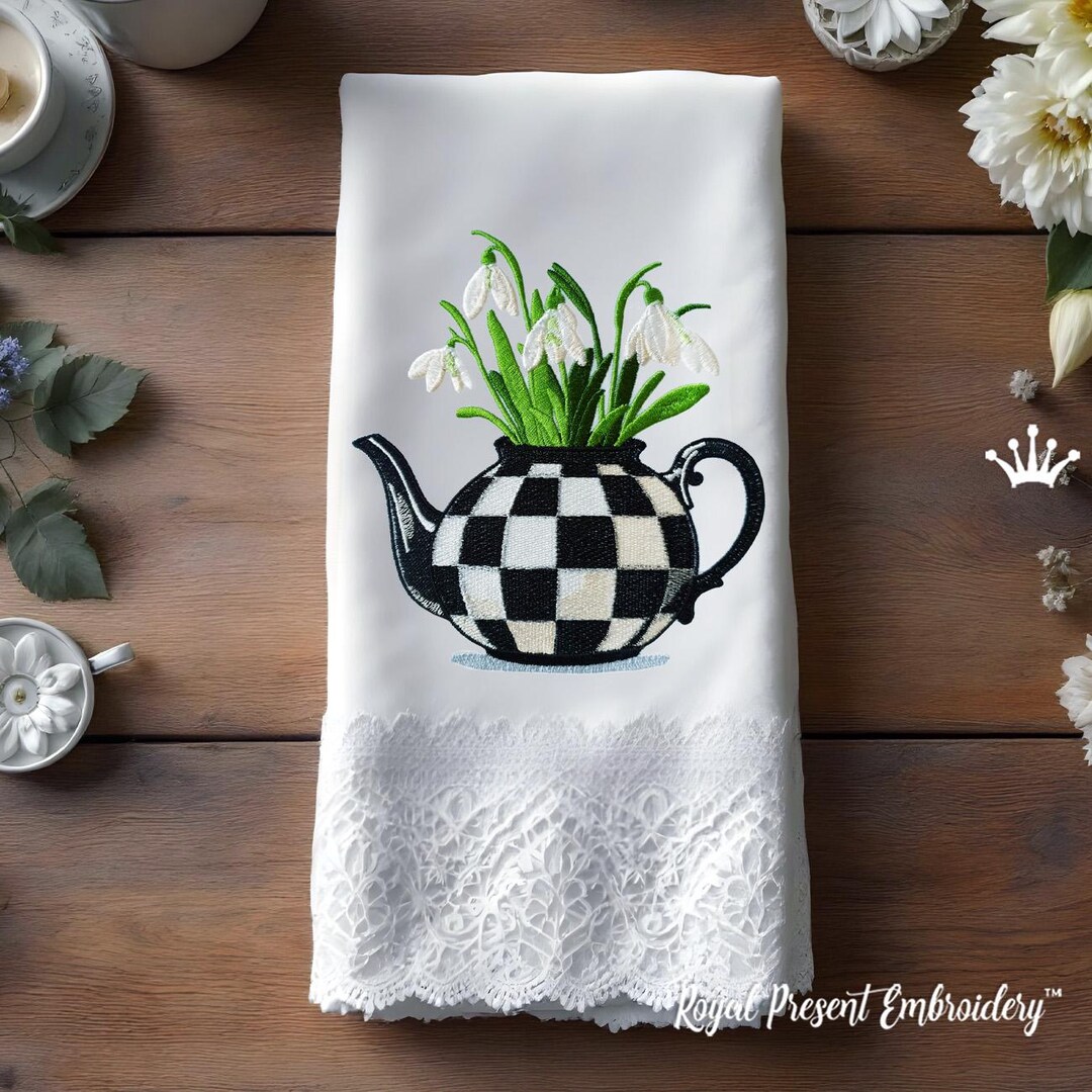Checkered Teapot With Snowdrops Machine Embroidery Design - 4 Sizes - Etsy