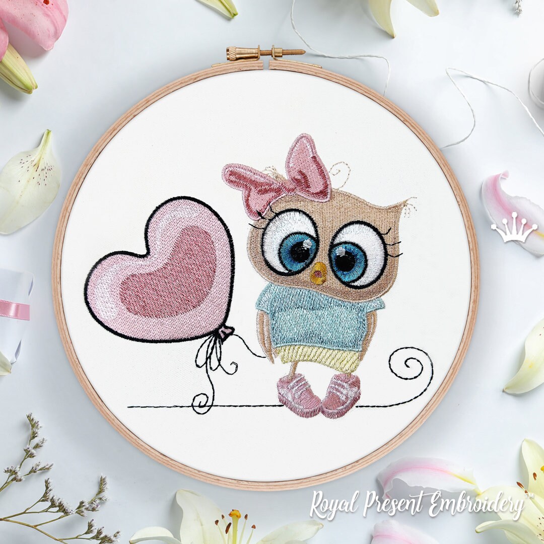 Machine Embroidery Design Cute Owl Girl With Balloon 3 Sizes | Etsy
