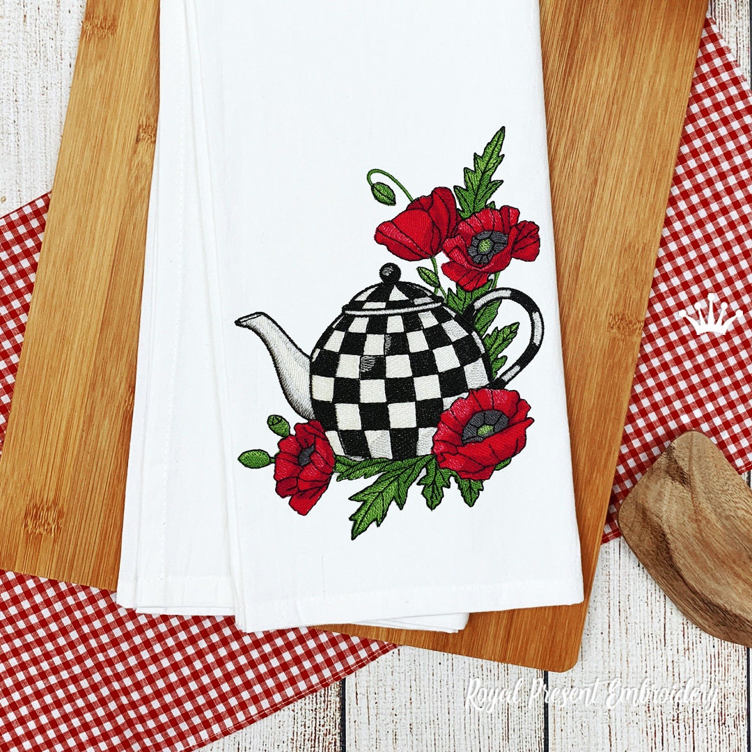 Checked Teapot With Poppies Machine Embroidery Design - 4 Sizes - Etsy