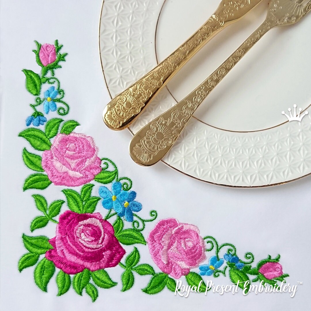 Corner Machine Embroidery Design Pink Roses - 3 Sizes - Etsy