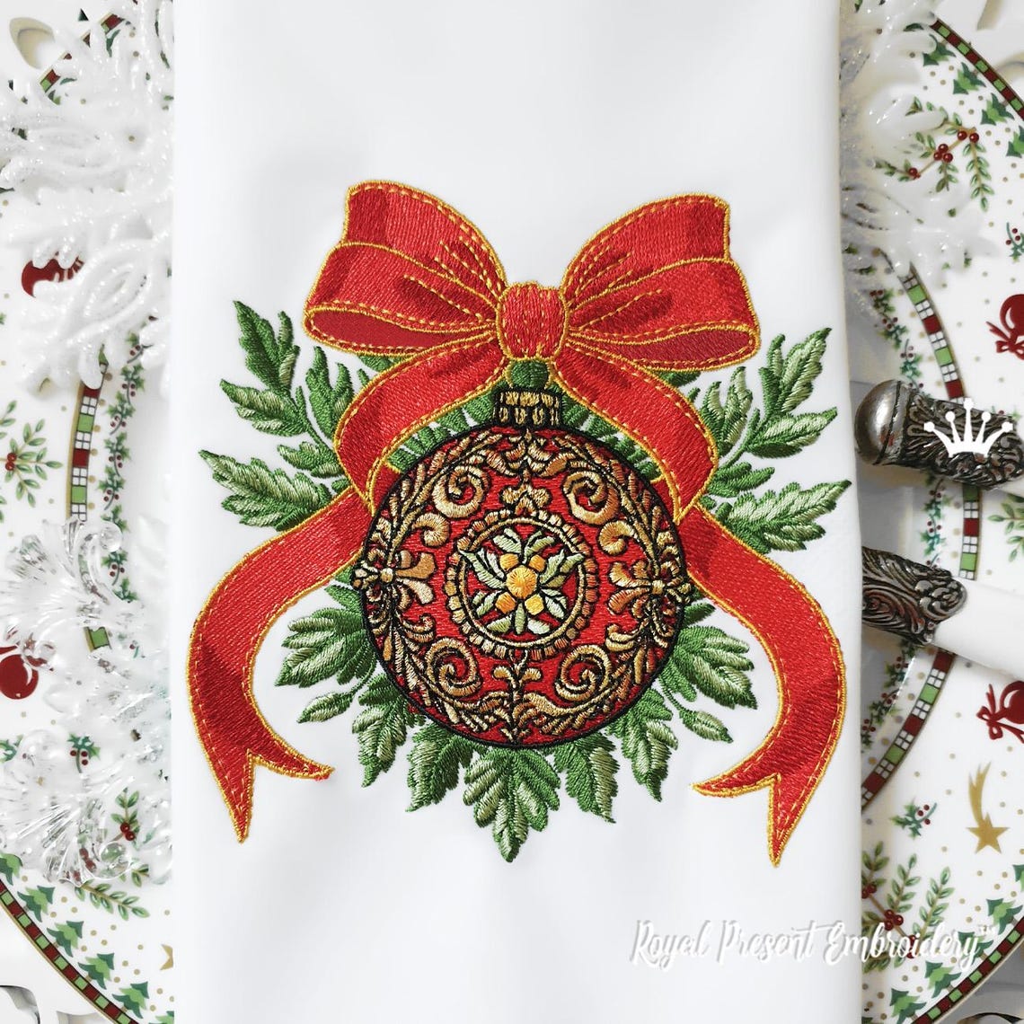 Baroque Ball With Bow and Greenery Machine Embroidery Design - 4 Sizes ...