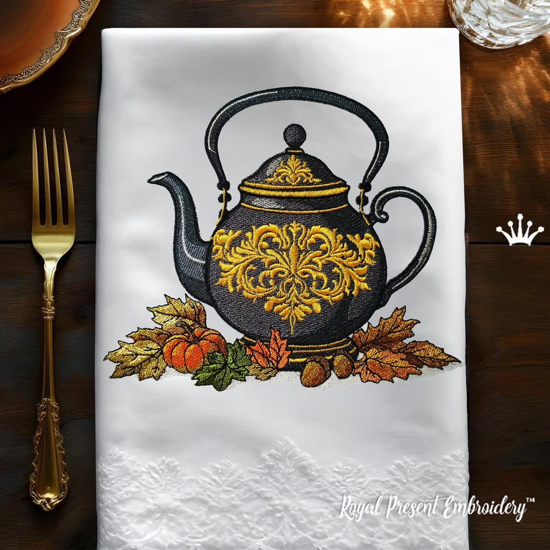 Autumn Baroque Teapot Machine Embroidery Design - 4 Sizes - Etsy