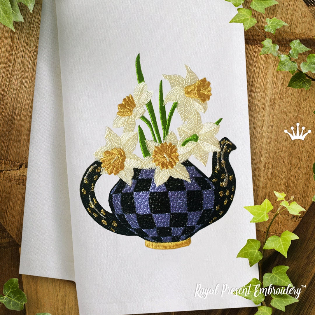Checkered Teapot With Daffodils Machine Embroidery Design - 4 Sizes - Etsy