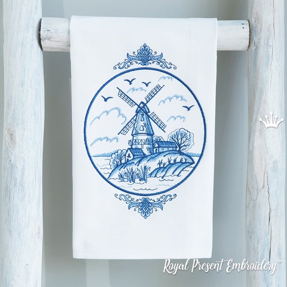 Delft Blue Windmill Machine Embroidery Design Dutch Style 5 | Etsy