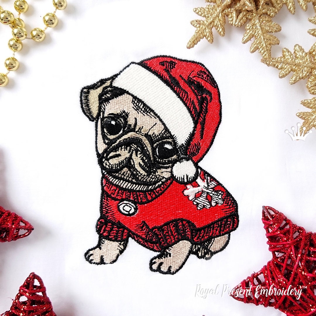 Christmas Puppy Pug Machine Embroidery Design - 4 Sizes - Etsy