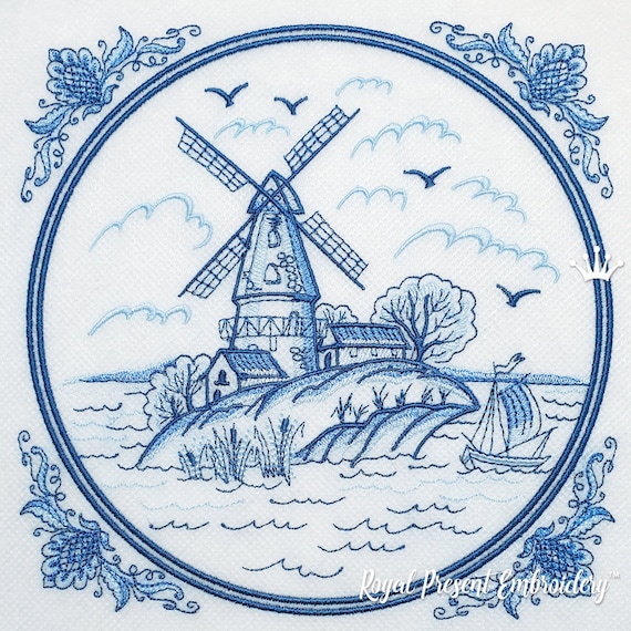 Delft Blue Windmill and Boat Machine Embroidery Design 4 - Etsy