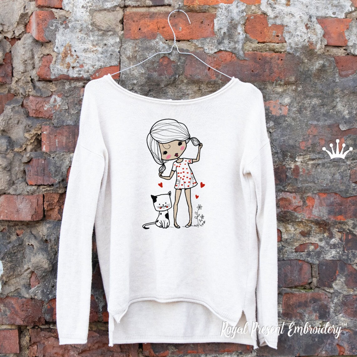 Cute Girl With a Kitten Machine Embroidery Design 5 Sizes - Etsy