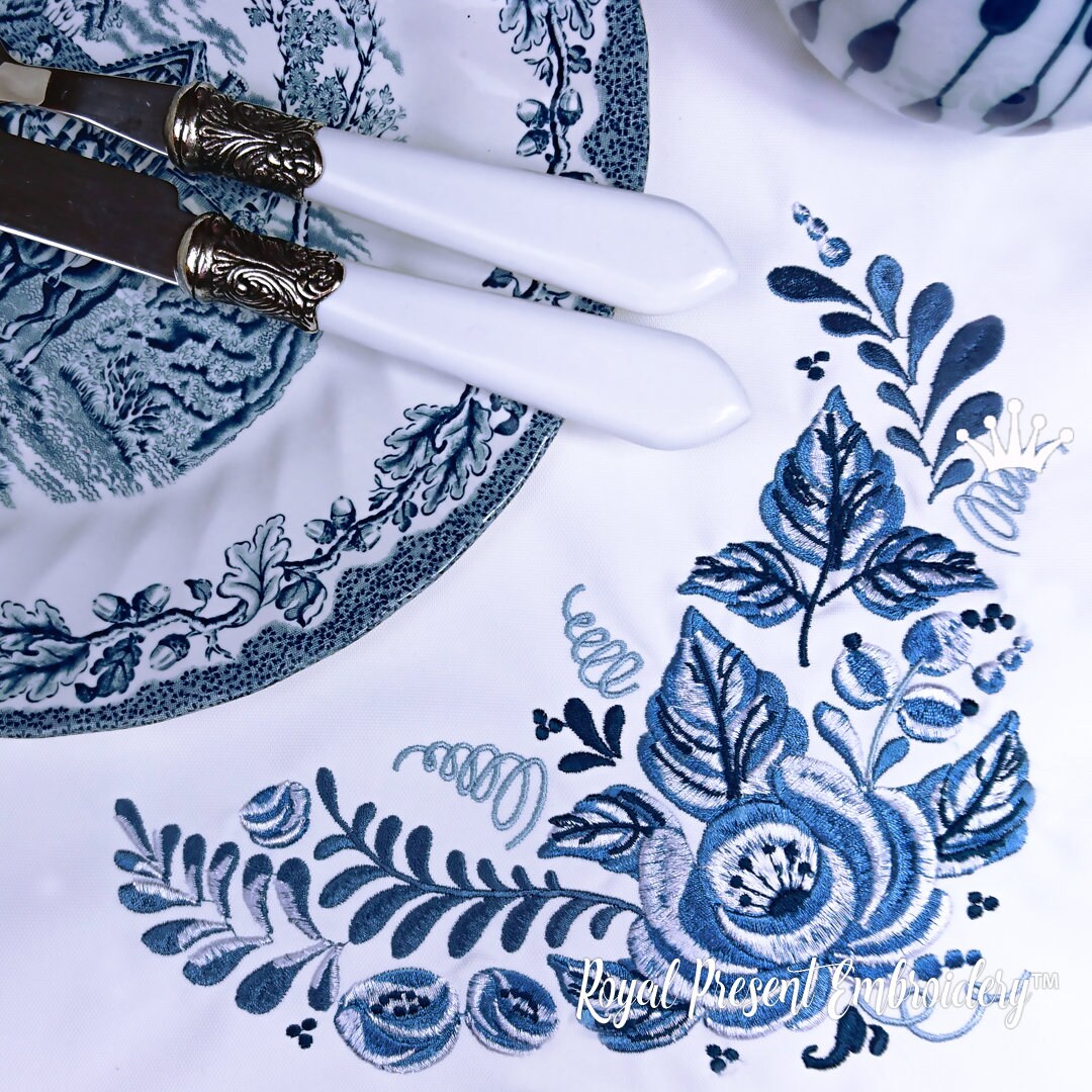 Blue Gzhel Corner Machine Embroidery Design - Etsy