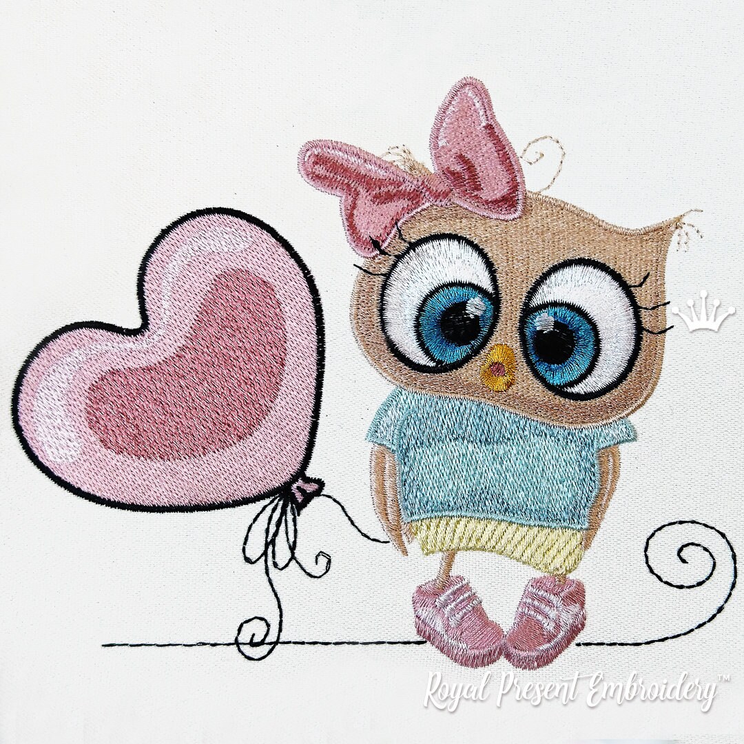 Machine Embroidery Design Cute Owl Girl With Balloon 3 Sizes | Etsy