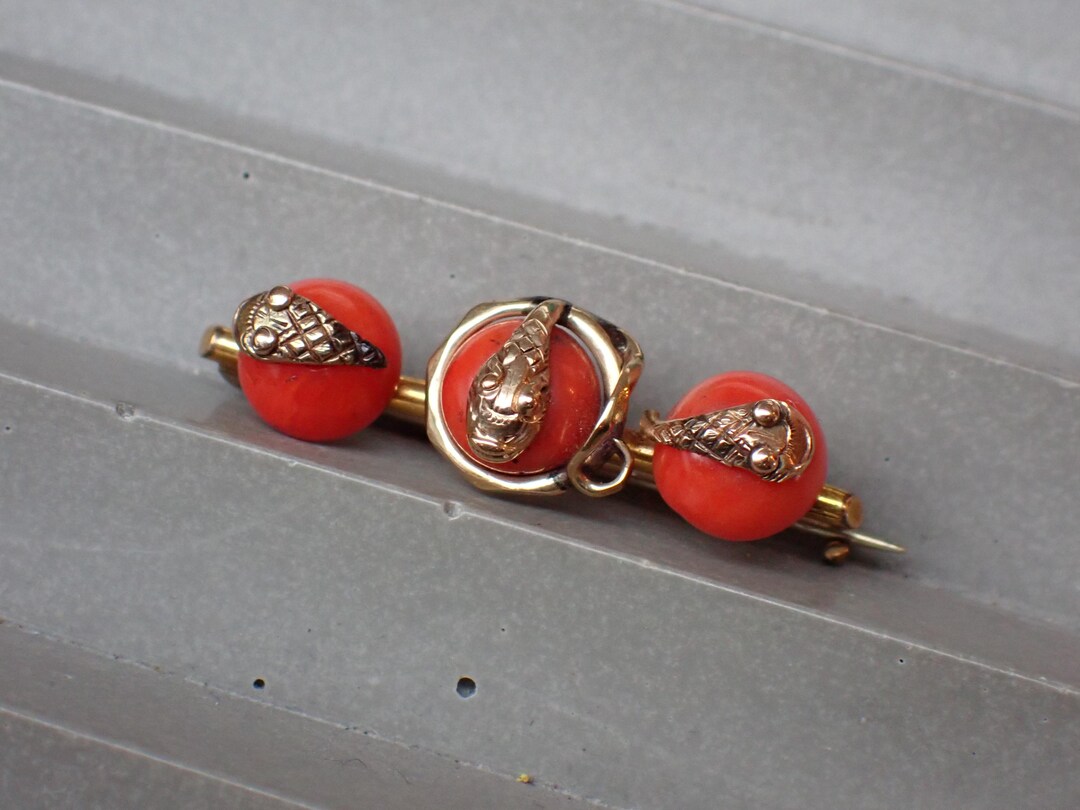 Antique Victorian Gilt Snake & Coral Orb Brooch - Etsy