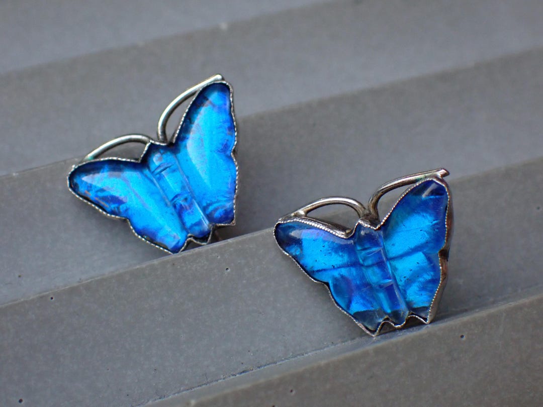 Antique Silver Blue Morpho Butterfly Wing Stud Earrings by TL Mott - Etsy