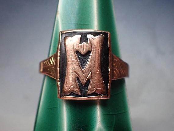 Antique 9ct Gold & Onyx Letter 'M' Initial Ring - Gem