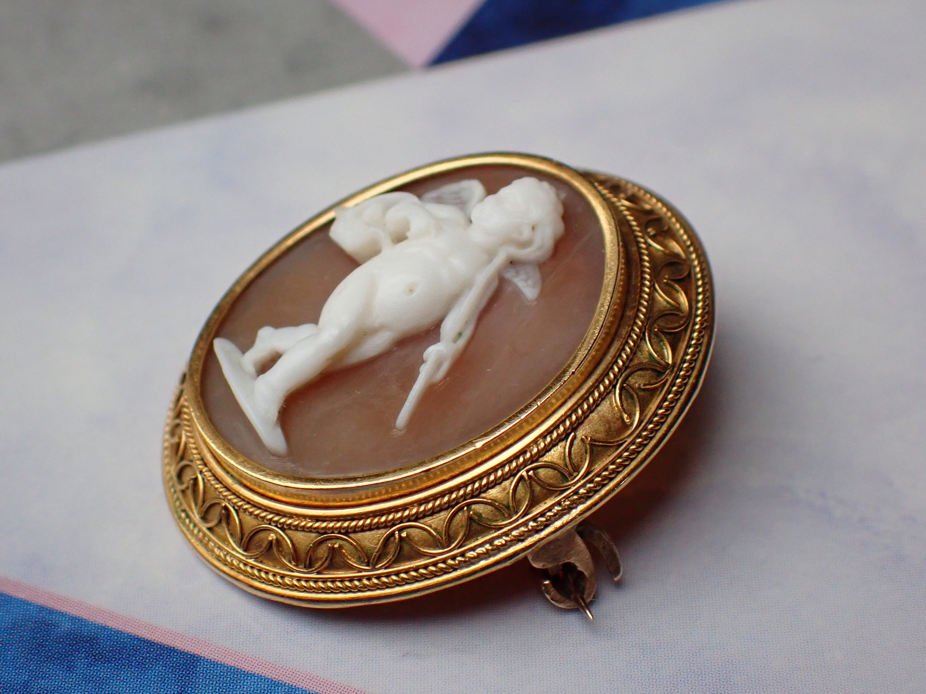Antique Victorian 15ct Gold Carved Shell Cupid / Eros Fishing Cameo ...