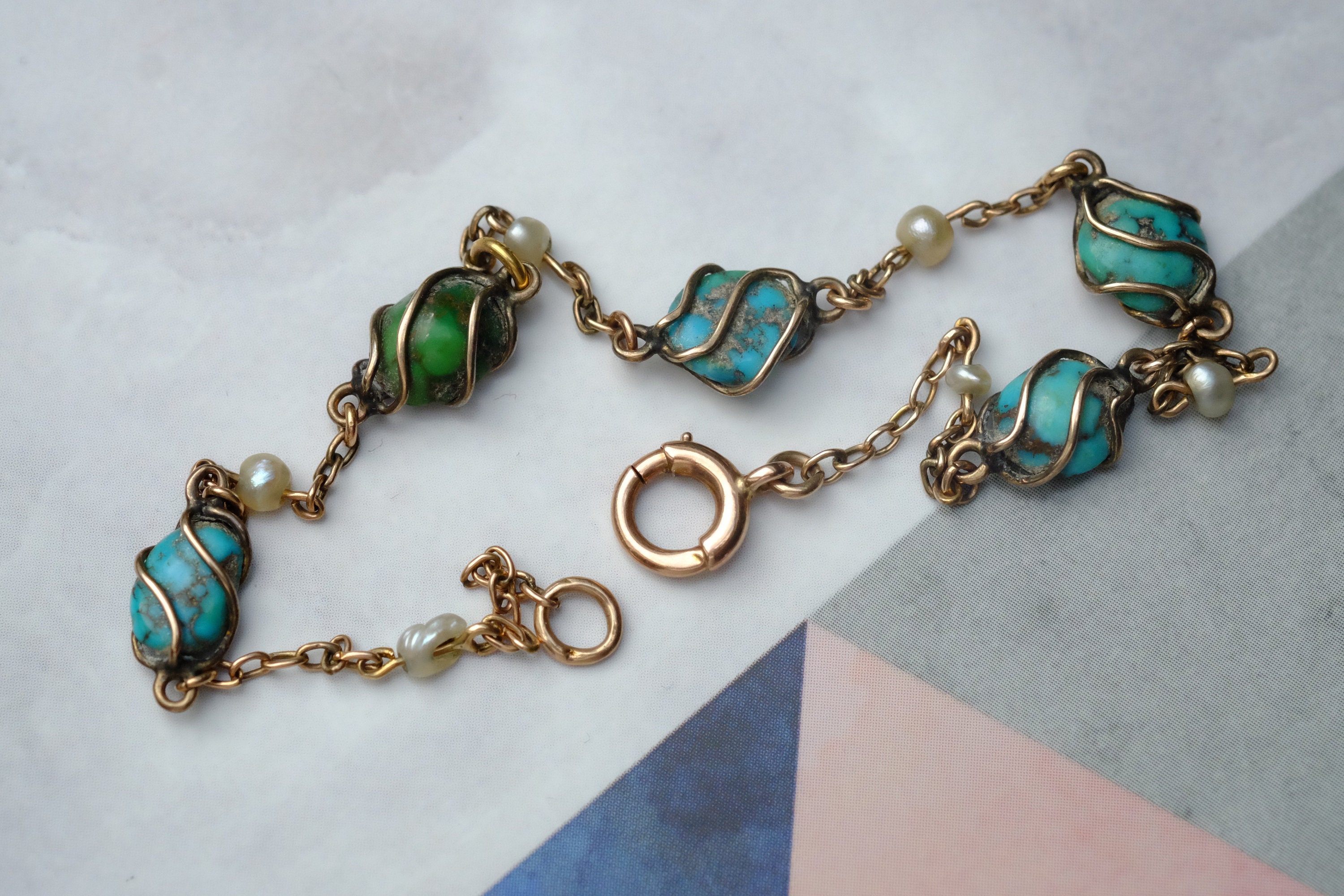 Antique 9ct Gold Turquoise Matrix & Baroque Pearl Art Nouveau | Etsy