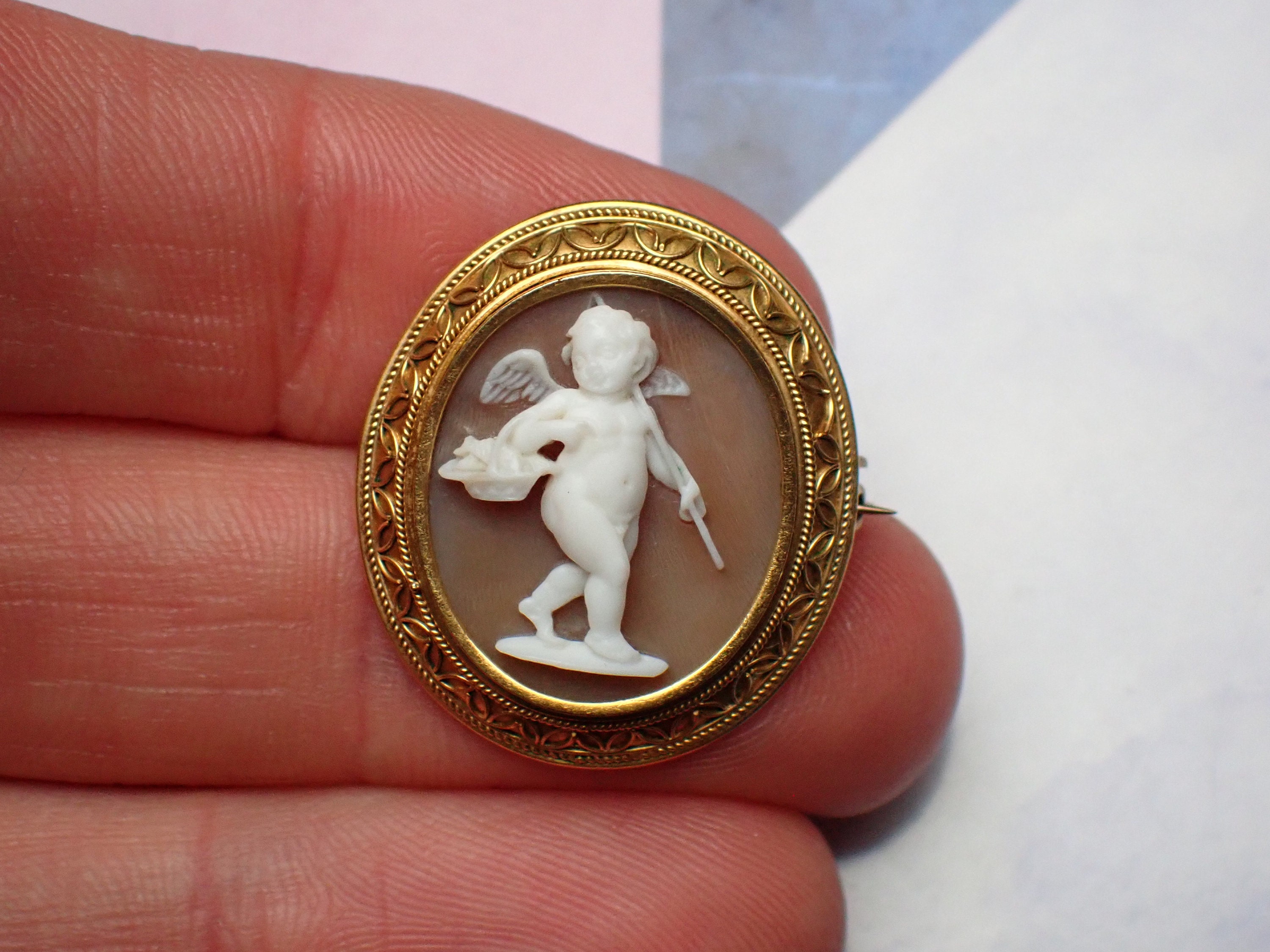 Antique Victorian 15ct Gold Carved Shell Cupid / Eros Fishing Cameo ...