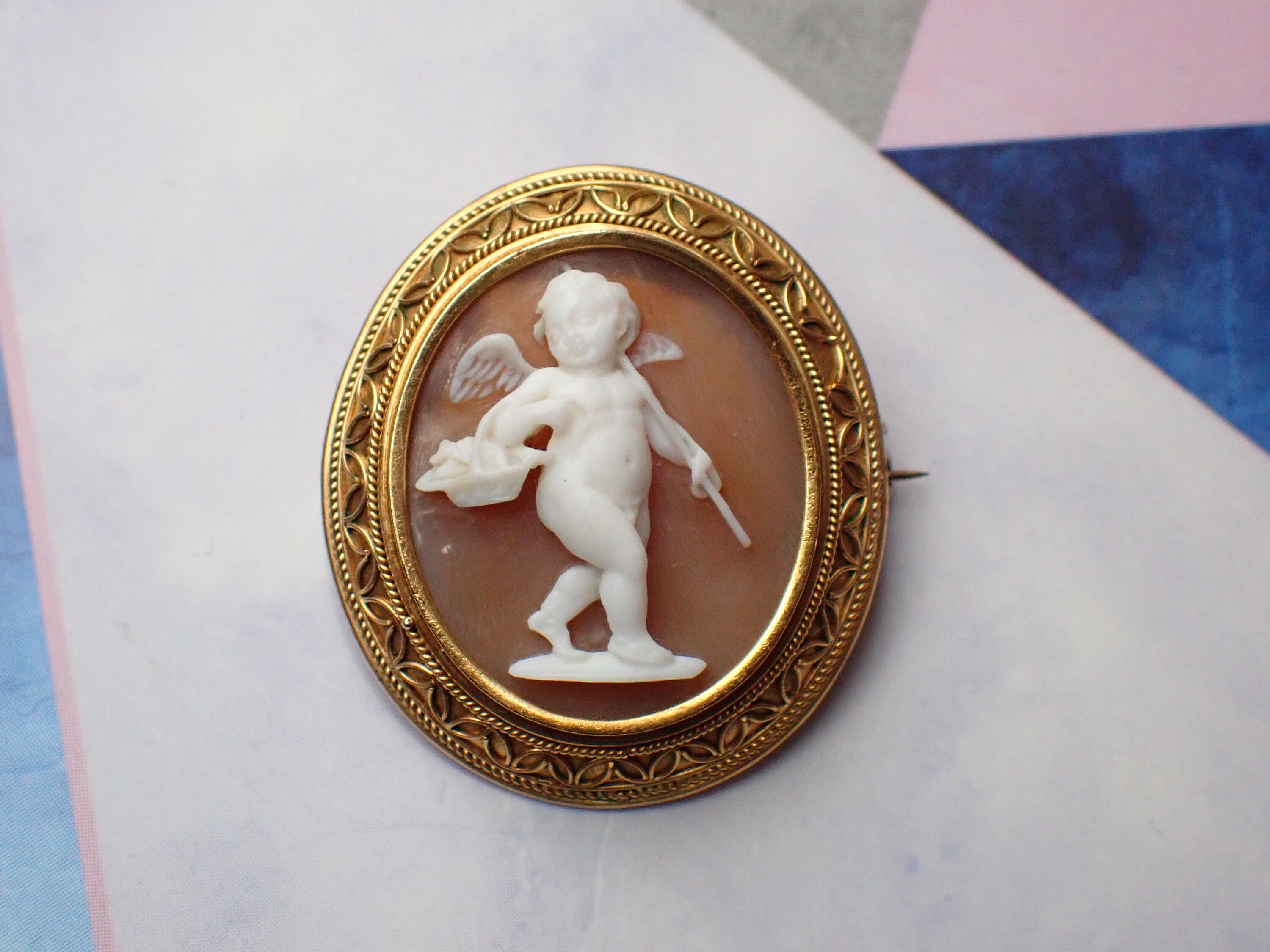 Antique Victorian 15ct Gold Carved Shell Cupid / Eros Fishing Cameo ...