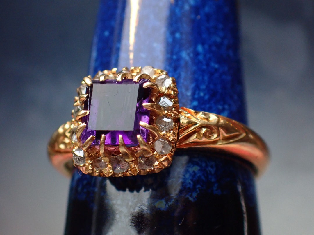 Antique 18ct Gold Square Cut Amethyst & Rose Cut Diamond Cluster Ring ...