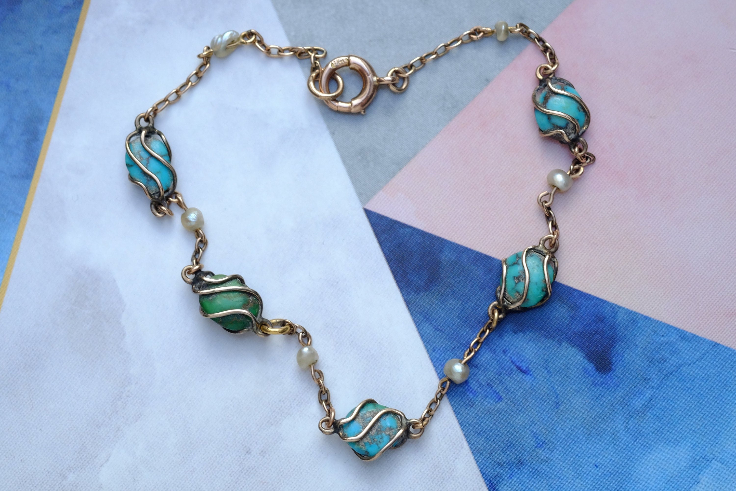 Antique 9ct Gold Turquoise Matrix & Baroque Pearl Art Nouveau | Etsy