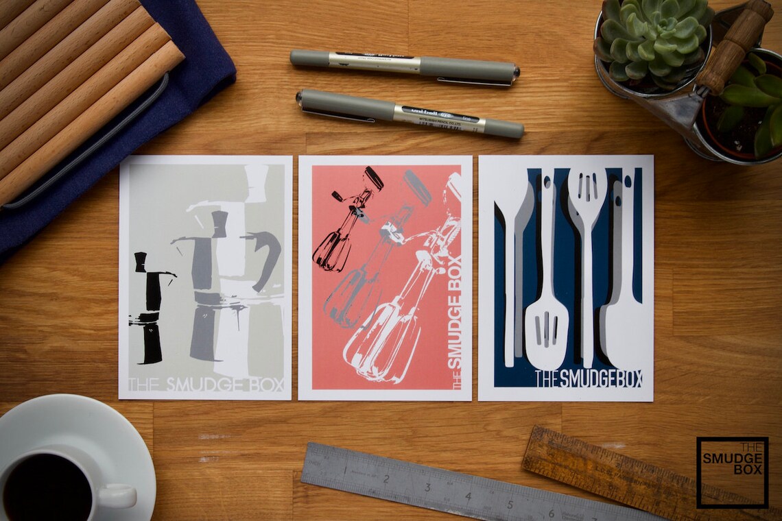 Set of 3 Kitchen Art Postcards. Kitchen Decor. Graphic Design Utensil ...