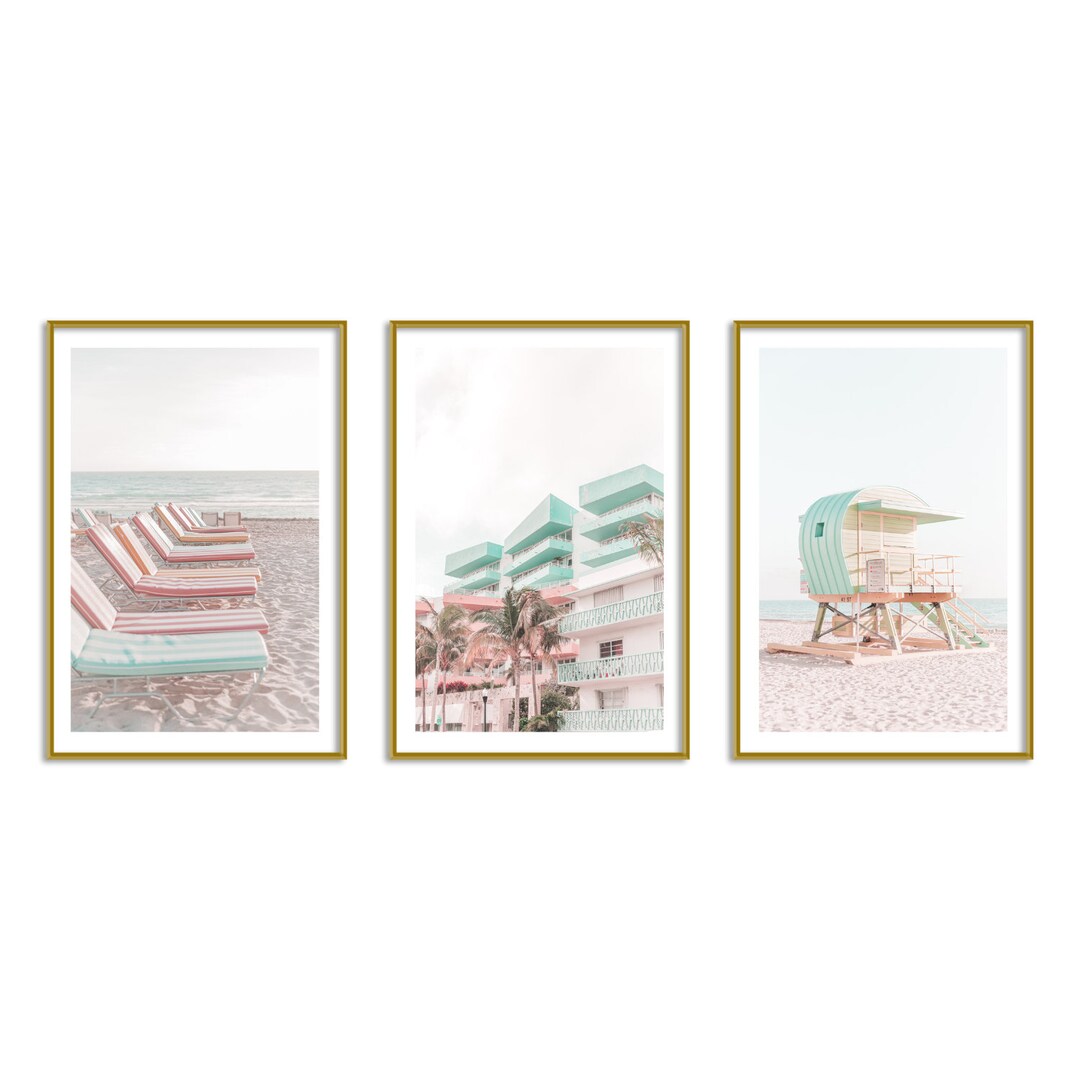 Miami Beach 3 Piece Wall Art Colorful Art Gallery Wall Set Pink and ...