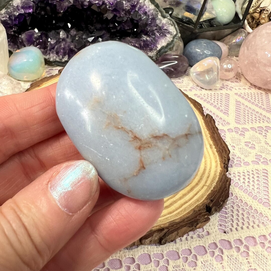 Angelite Crystal Palm Stone - Polished Angelite Crystal Pebble ...