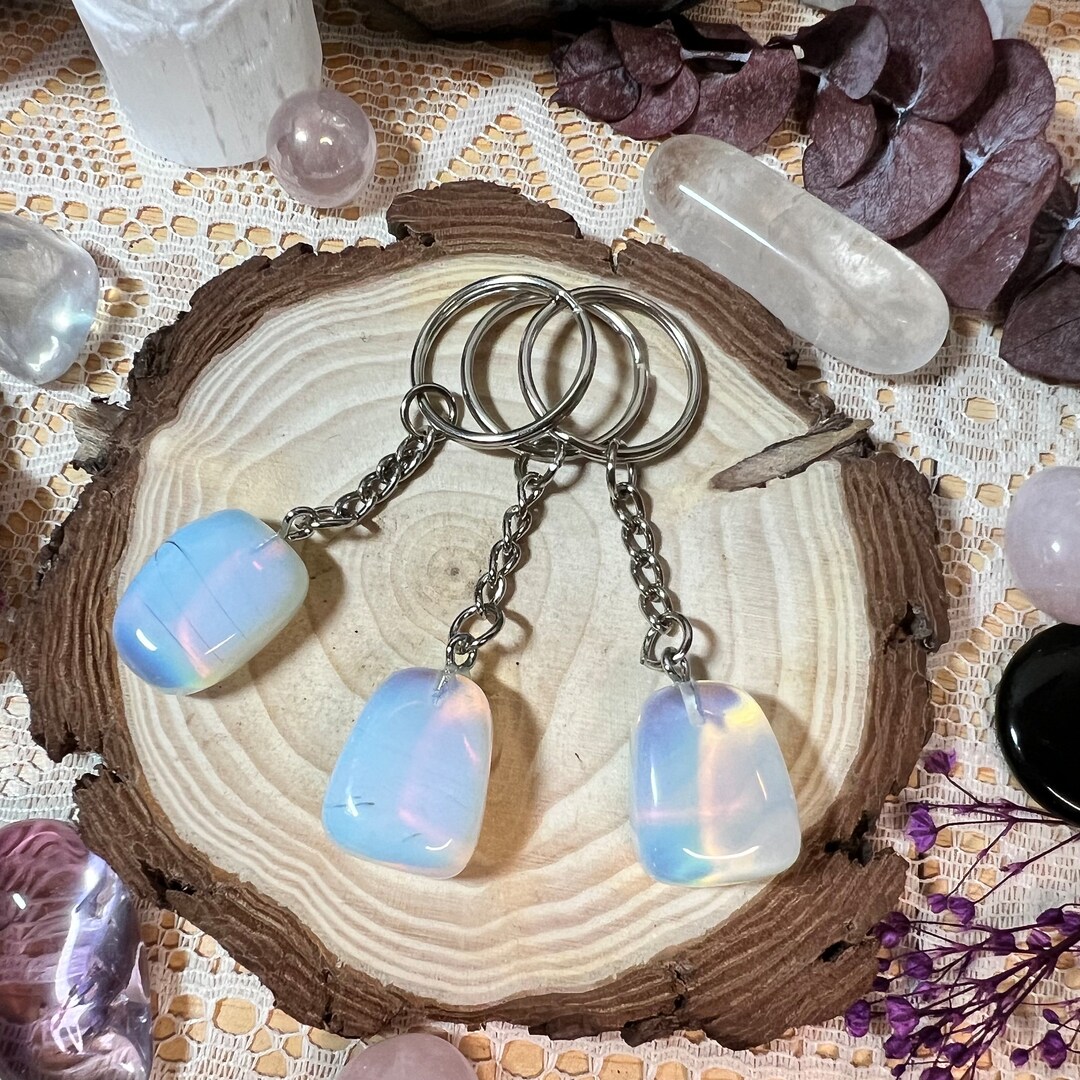 Opalite Tumbled Crystal Keychain Opalite Polished Stone Key Ring ...