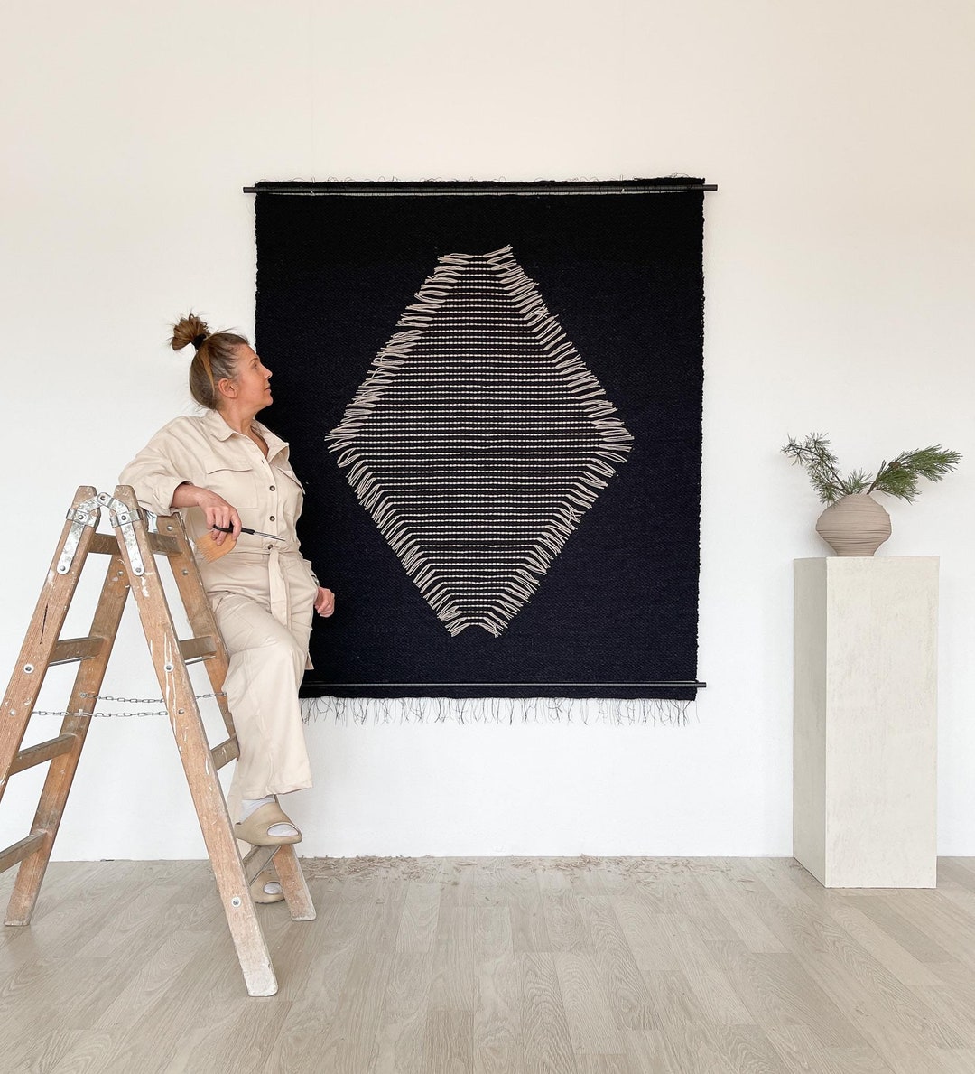 Wool Wall Hanging - Modern Wool Fiber Art - Black Diamond Tapestry ...