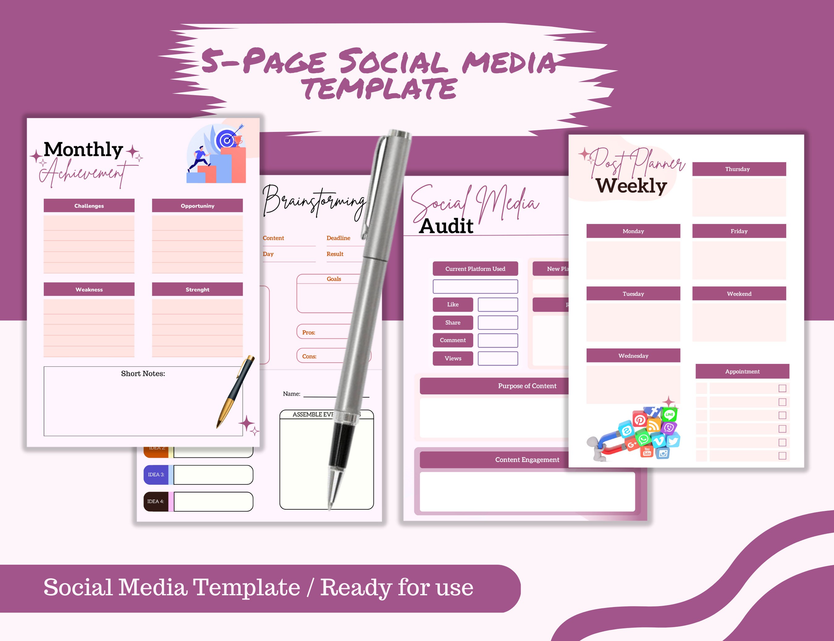Social Media Planner Printable, Content Planner for Instagram, Digital ...