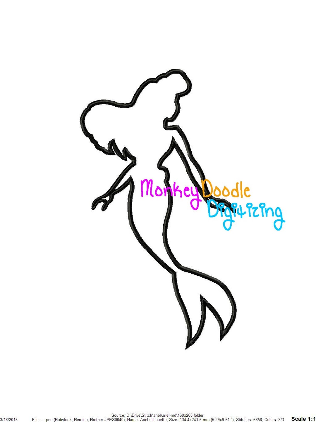 Ariel Silhouette Princess Embroidery Machine Applique Instant Download ...