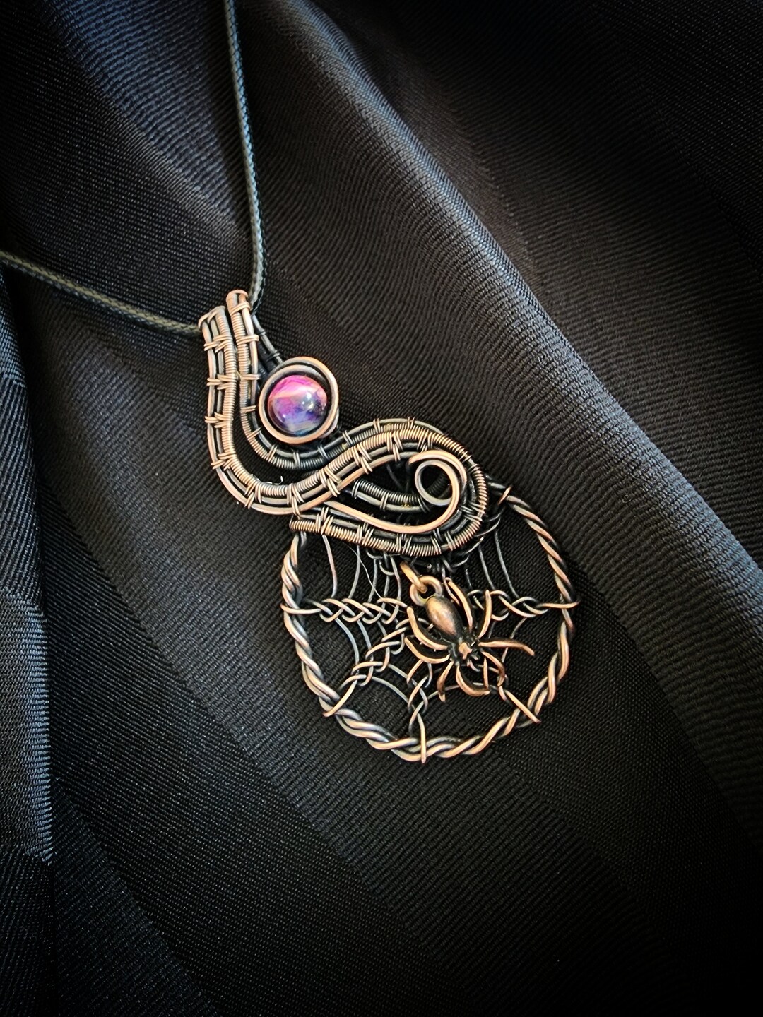 Itsy Bitsy Spider. A Handmade Copper Wire Wrap Web Pendant With a Dyed ...