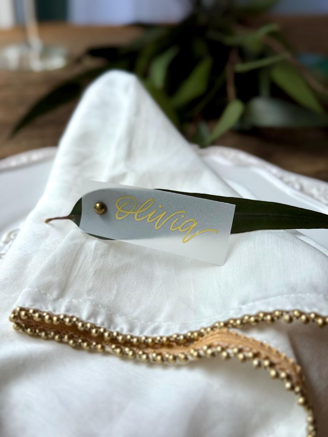 Personalized Willow Leaf Place Cards With Vellum | Wedding Name Cards ...