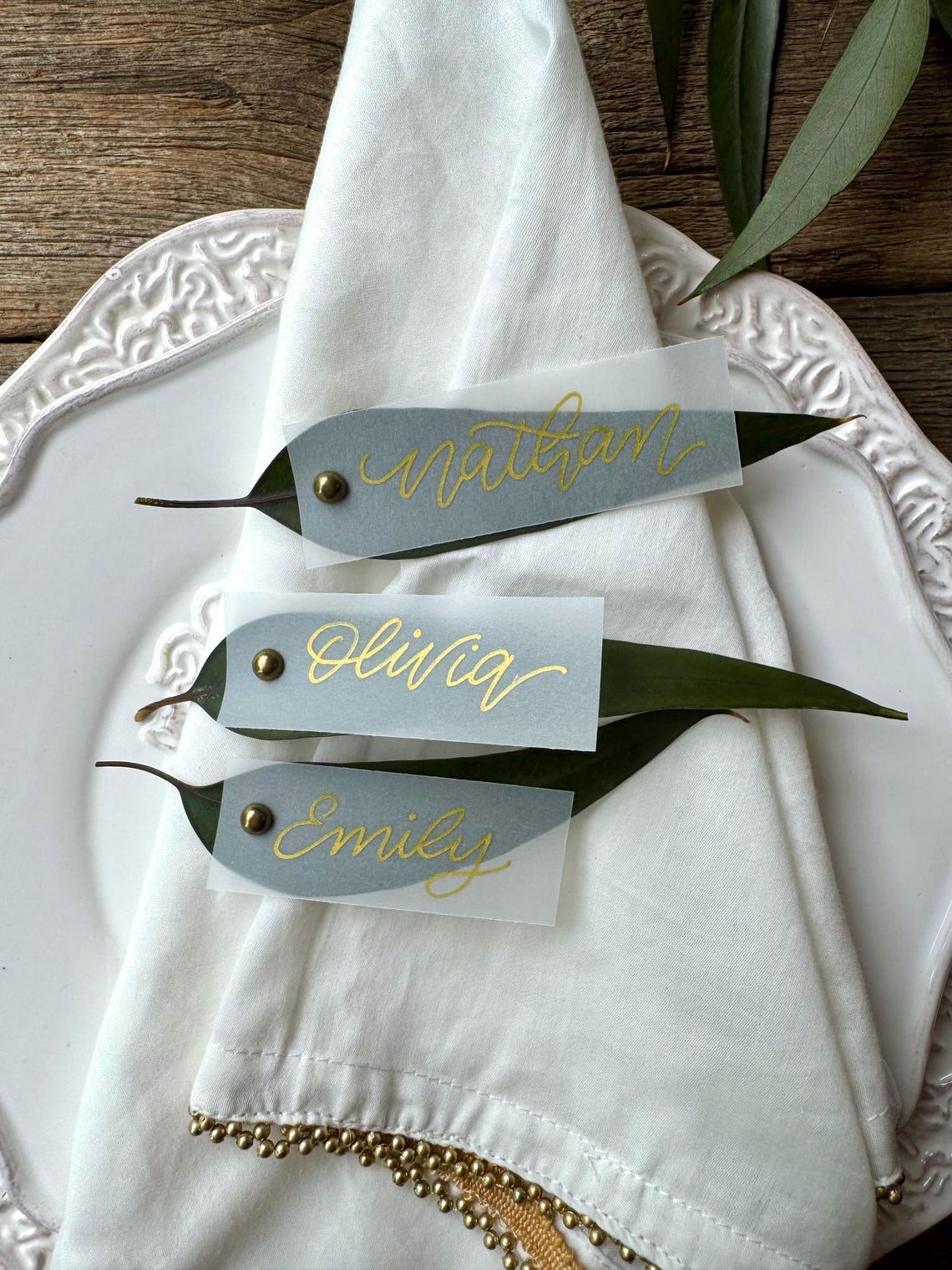 Personalized Willow Leaf Place Cards With Vellum | Wedding Name Cards ...