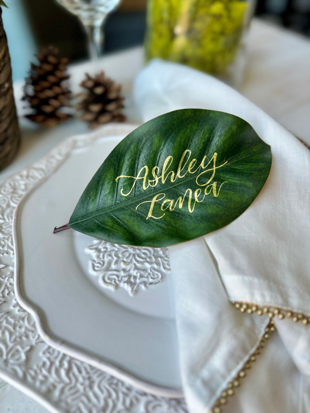 Calligraphy Faux Magnolia Leaf Place Cards, Wedding Escort Cards - Etsy