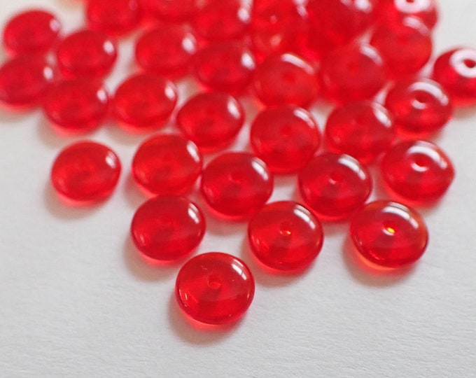 25 - Siam Red 8mm Wafer Beads, Transparent, Smooth Saucer, Czech ...