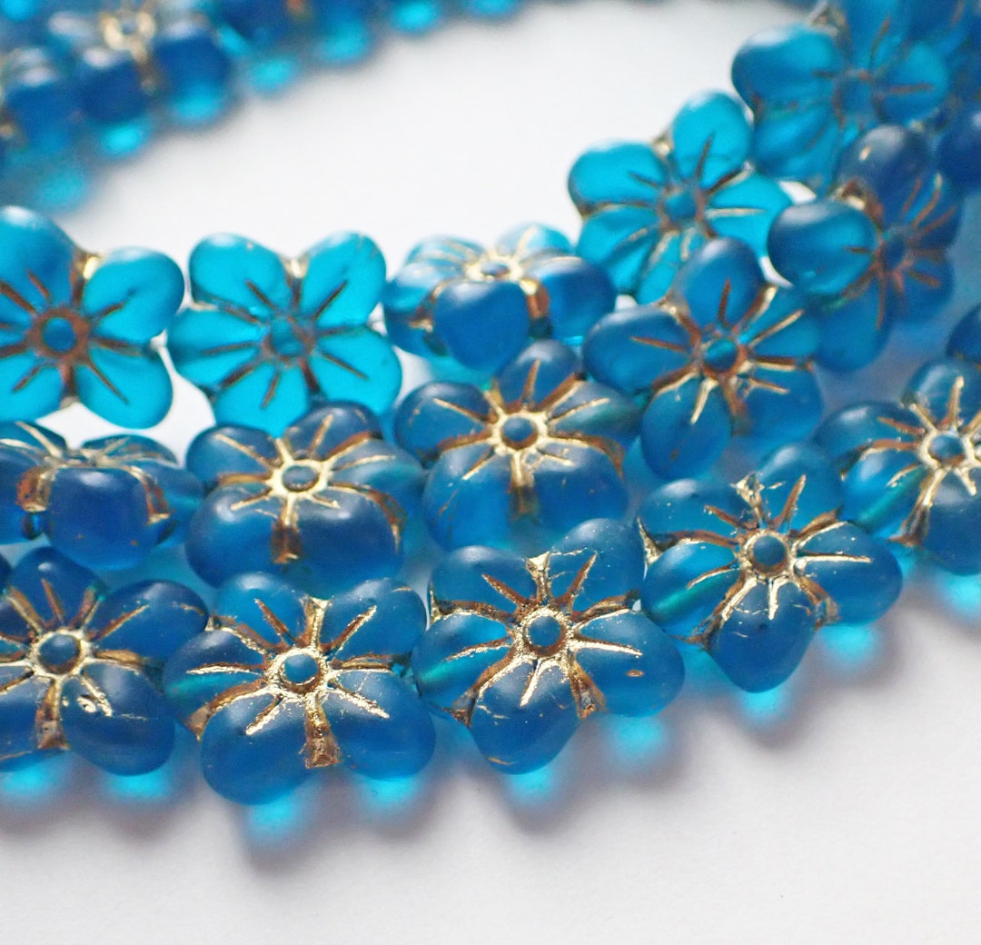 6 Matte Capri Blue 14x13mm Puffed Lovely Flower Beads Gold Wash