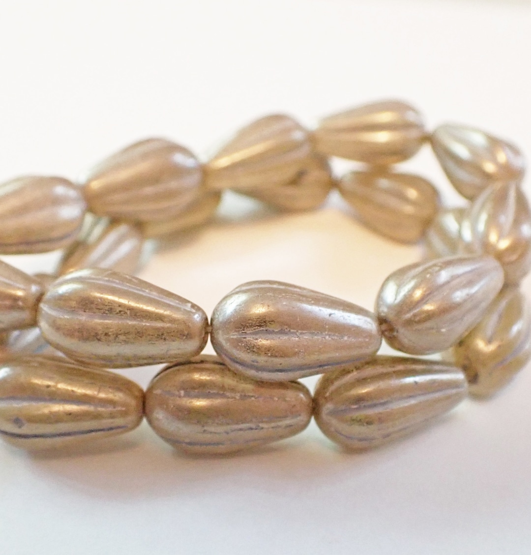 4 - Champagne 15x8mm Melon Teardrop Beads, Mercury Finish, Translucent ...